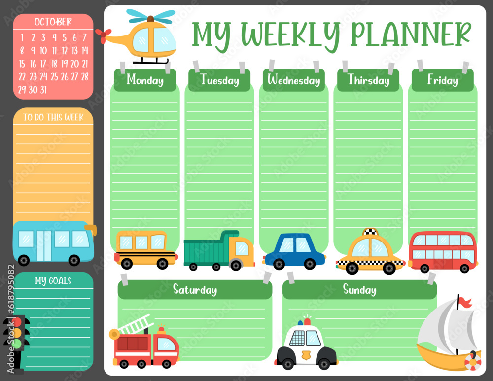 Vector transportation weekly planner with week days, to do list, goals ...
