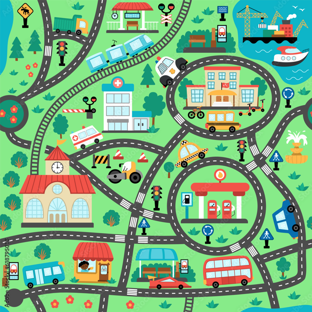 City transport map seamless pattern. Repeating background with railway ...