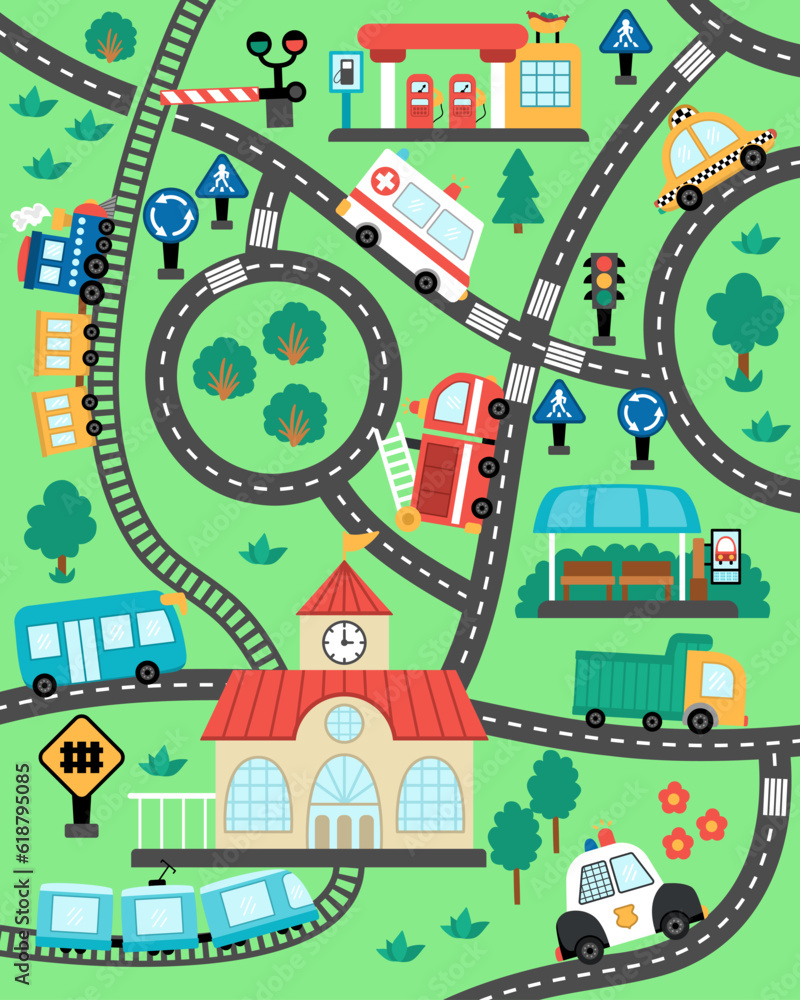 City transport map. Background with railway, roads, traffic signs for ...