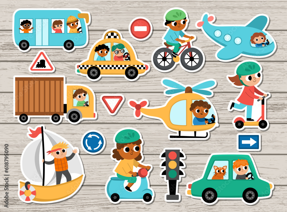 Vector transportation stickers set with cute children drivers ...