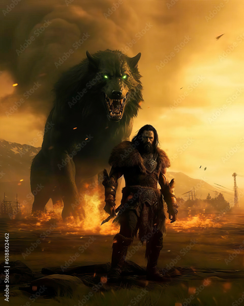 Loki with Fenrir (north god with a mighty wolf) Stock Illustration ...