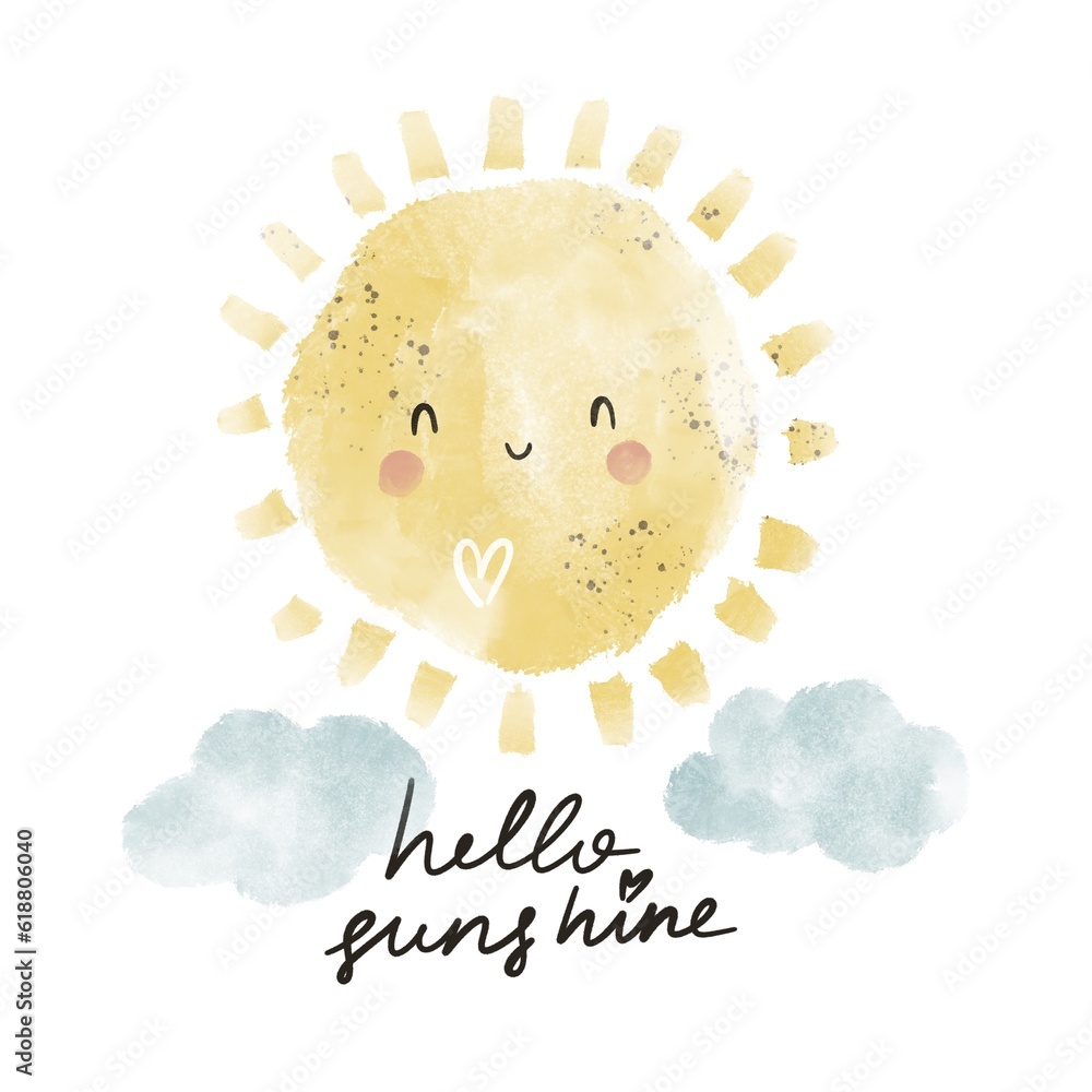 Hello sunshine . Cartoon sun, hand drawing lettering, decor elements ...
