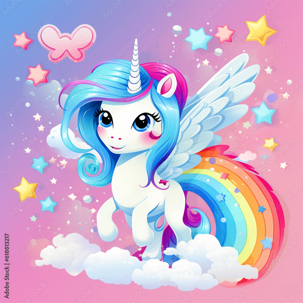 Cute Unicorn with rainbow in clouds cartoon illustration - ai ...