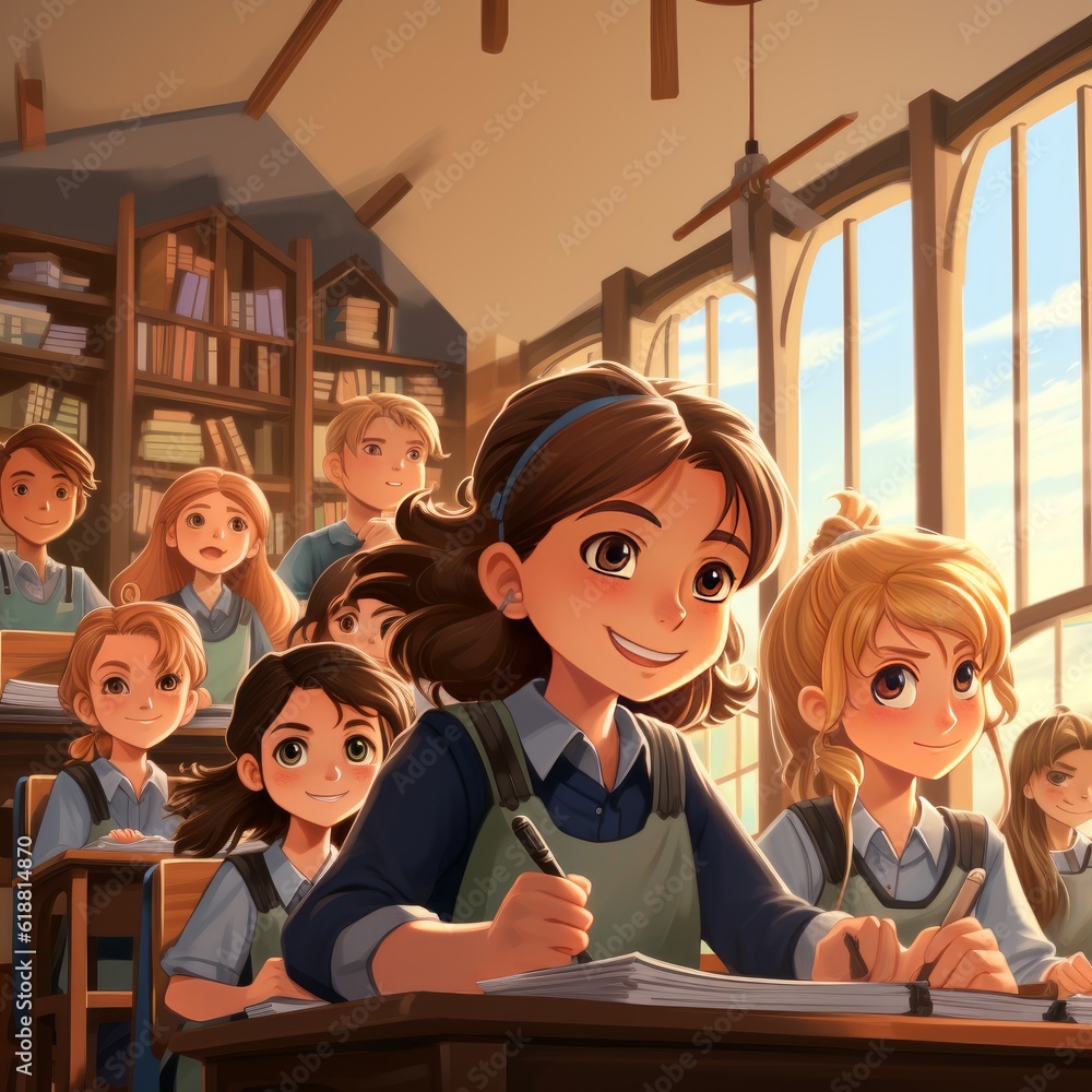 cartoon-style illustration of a school with ethnically diverse children ...