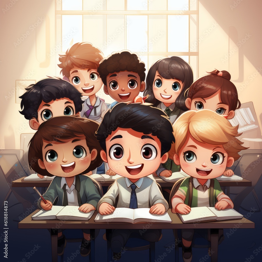 cartoon-style illustration of a school with ethnically diverse children ...