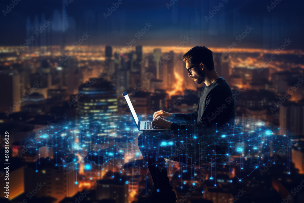 Cutting Edge Vision Tech Guru In Futuristic Data Center Utilizing Laptop Amidst Warehouse