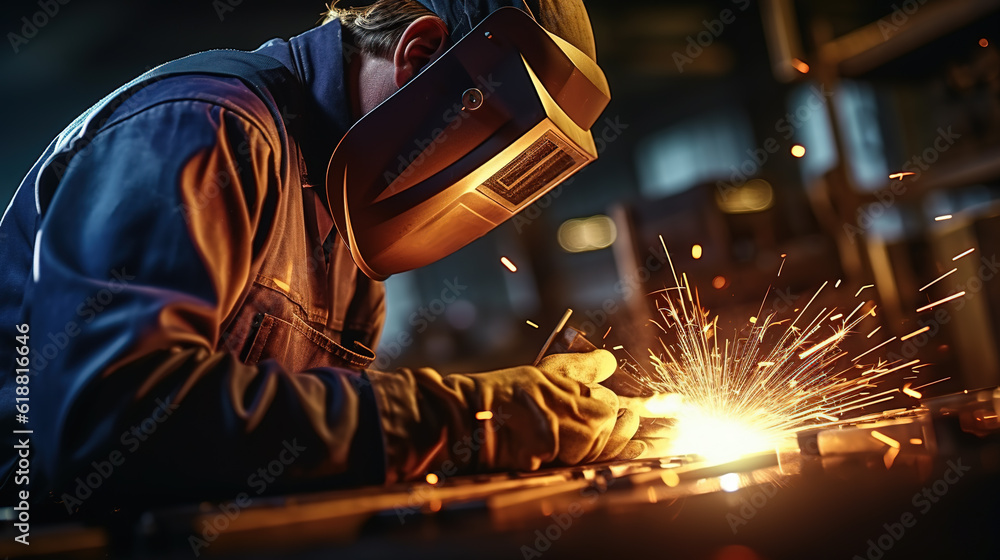 Sparks Flying: A Skilled Worker Welding in the Factory with a Welding ...