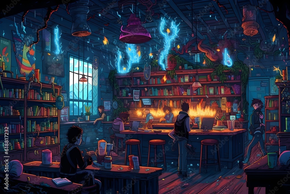 magic school classroom with cauldron at night cartoon illustration with ...