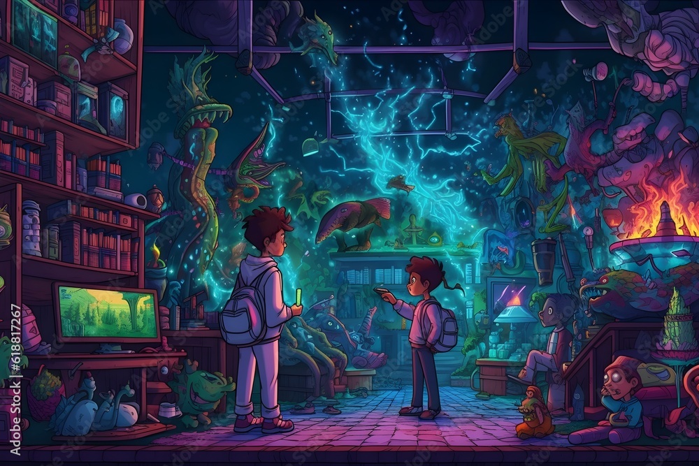 magic school classroom with cauldron at night cartoon illustration with ...