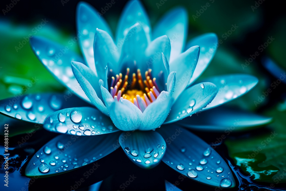 Blue water lily with drops of water on it's petals and leaves ...