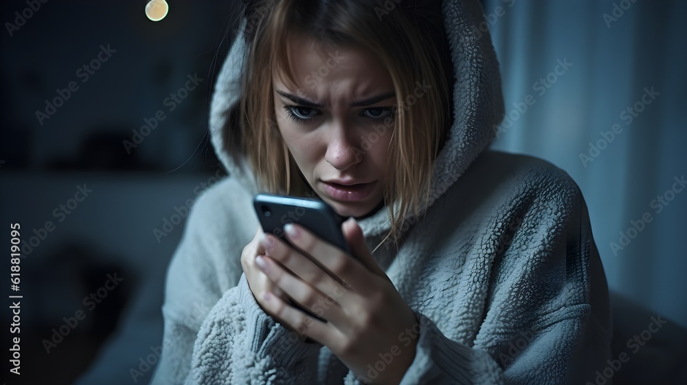 Front view portrait of a sad, depressed, crying modern woman checking ...