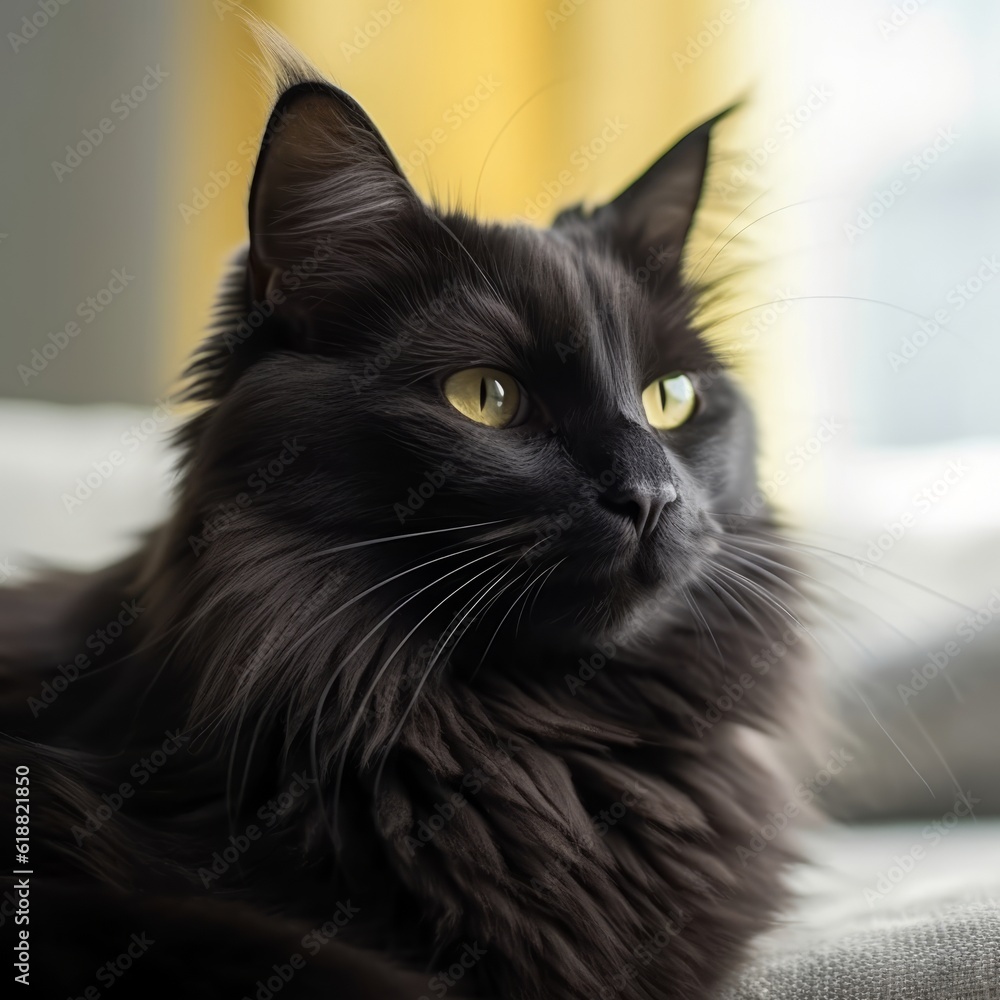 Profile portrait of a black Turkish Angora cat sitting beside a window ...