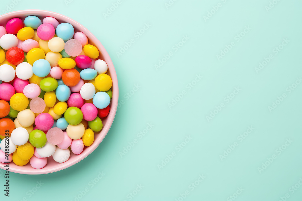 Top view lot of little round candy sweets isolated on a pastel blue ...