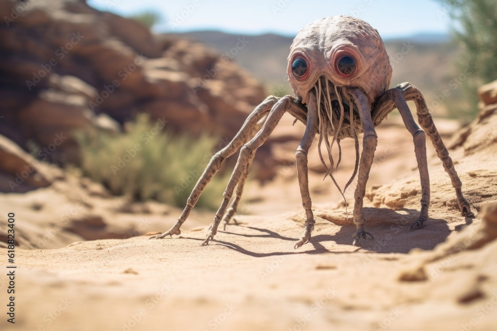 An alien creature like spider on a dusty stretch of wasteland ...