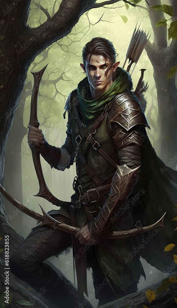 realistic fantasy art of a wood elf male 23yearsold drawing a bow in a ...