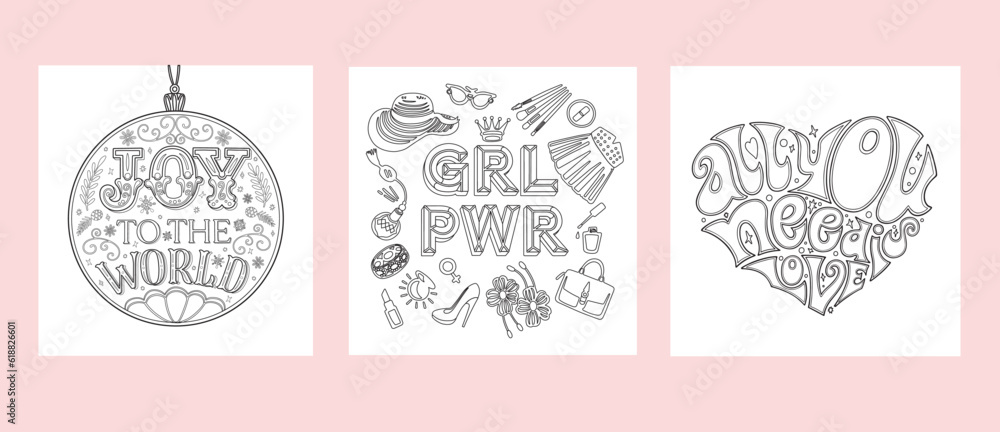 Set of coloring pages for children and adults. Printable lettering ...