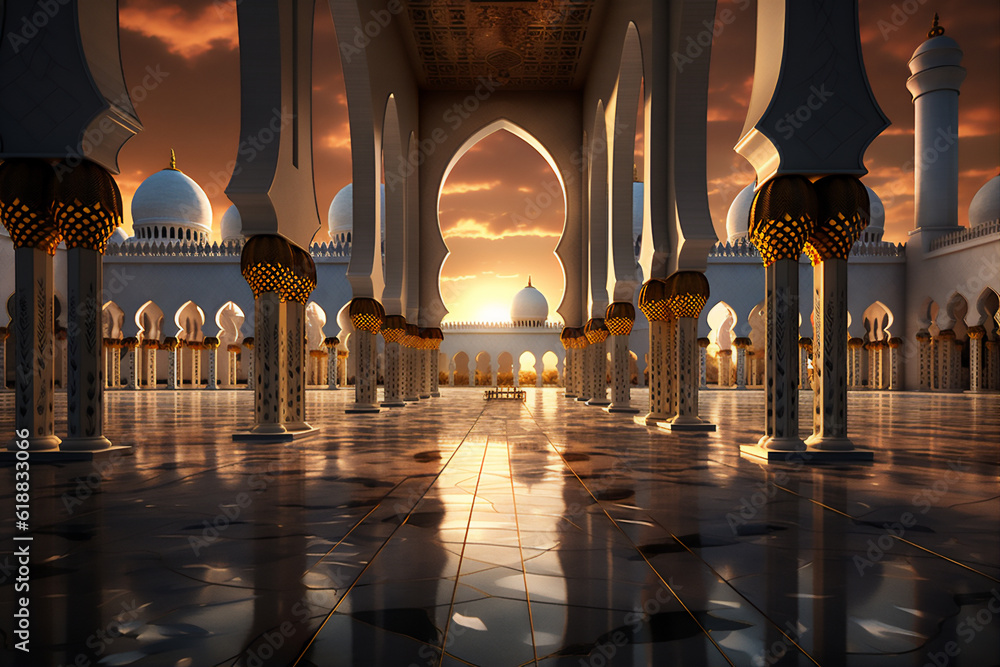 Beautiful Mosque illustration in the night, sunset or sunrise, with ...