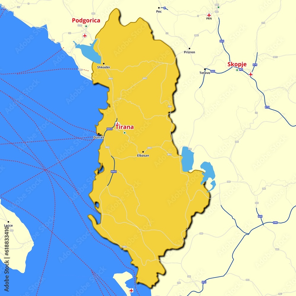 Map of Albania with main roads and highways Stock Illustration | Adobe ...