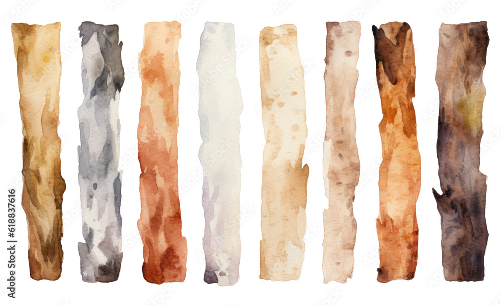 collection of soft watercolor tree bark patterns isolated on a ...