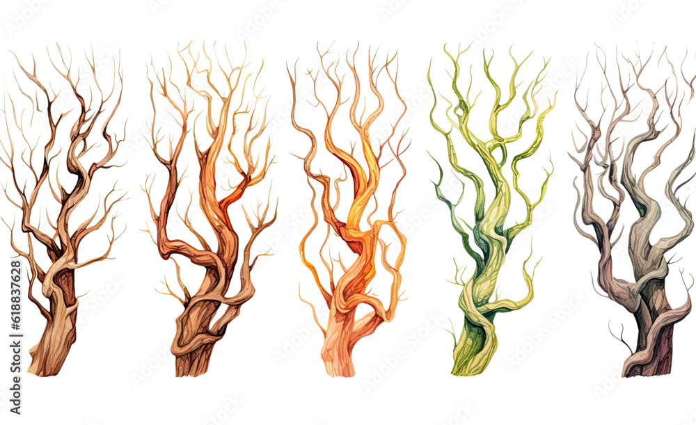 collection of soft watercolor twisted tree roots isolated on a ...
