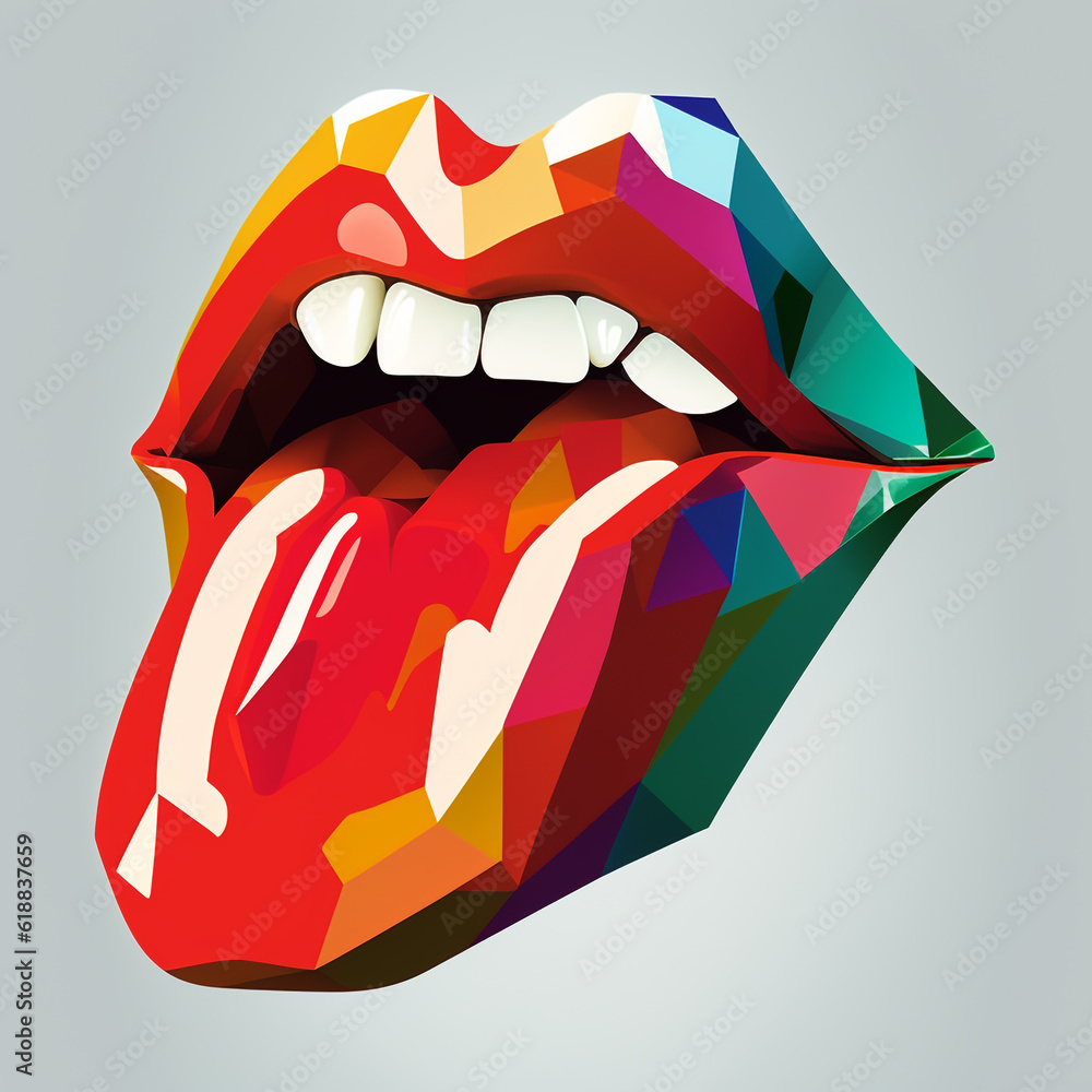 Pop art colorful red lips. Sexy woman's Half-open mouth, licking ...