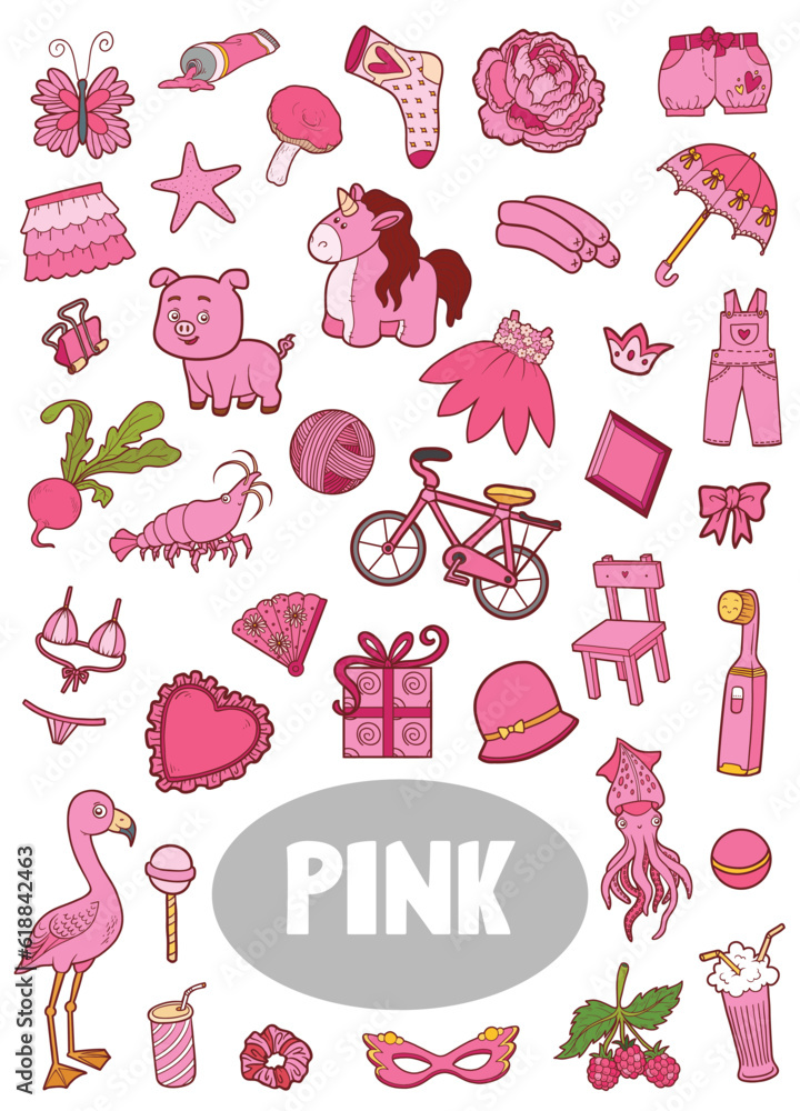 Set of pink color objects. Visual dictionary for children about the ...