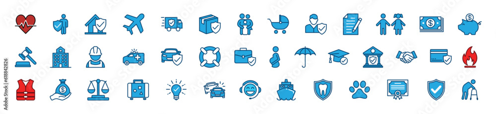 Insurance icons set in colors style. Insurance icon collection with ...