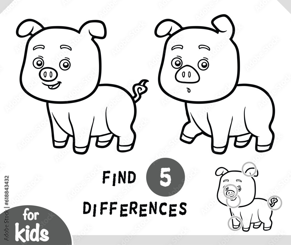 Cute cartoon Pig animal, Find differences educational game for children ...