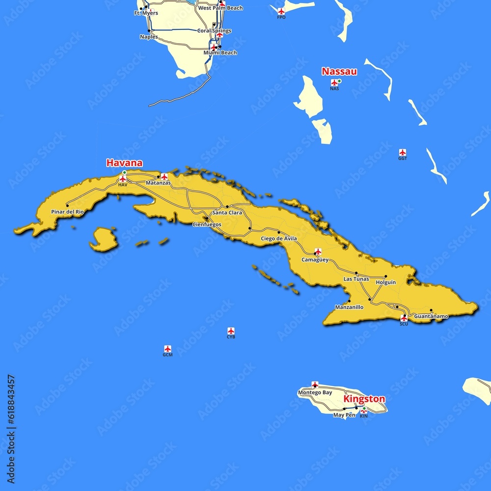 Map of Cuba with main roads and highways Stock Illustration | Adobe Stock