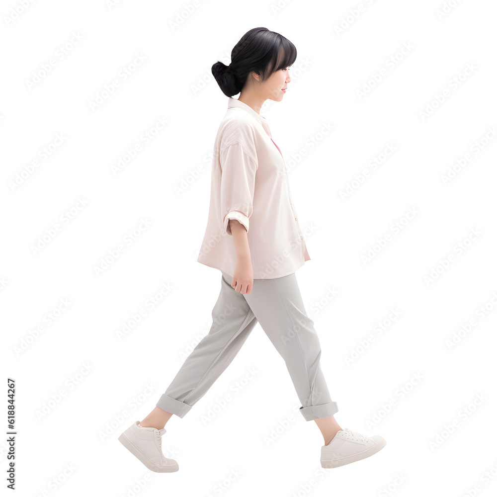 ภาพประกอบสต็อก Asian woman/girl walking in comfort outfit. Full body ...