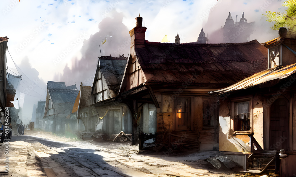 Line art watercolor wash of ancient primitive villages streetscape ...