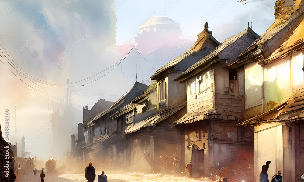 Line art watercolor wash of ancient primitive villages streetscape ...