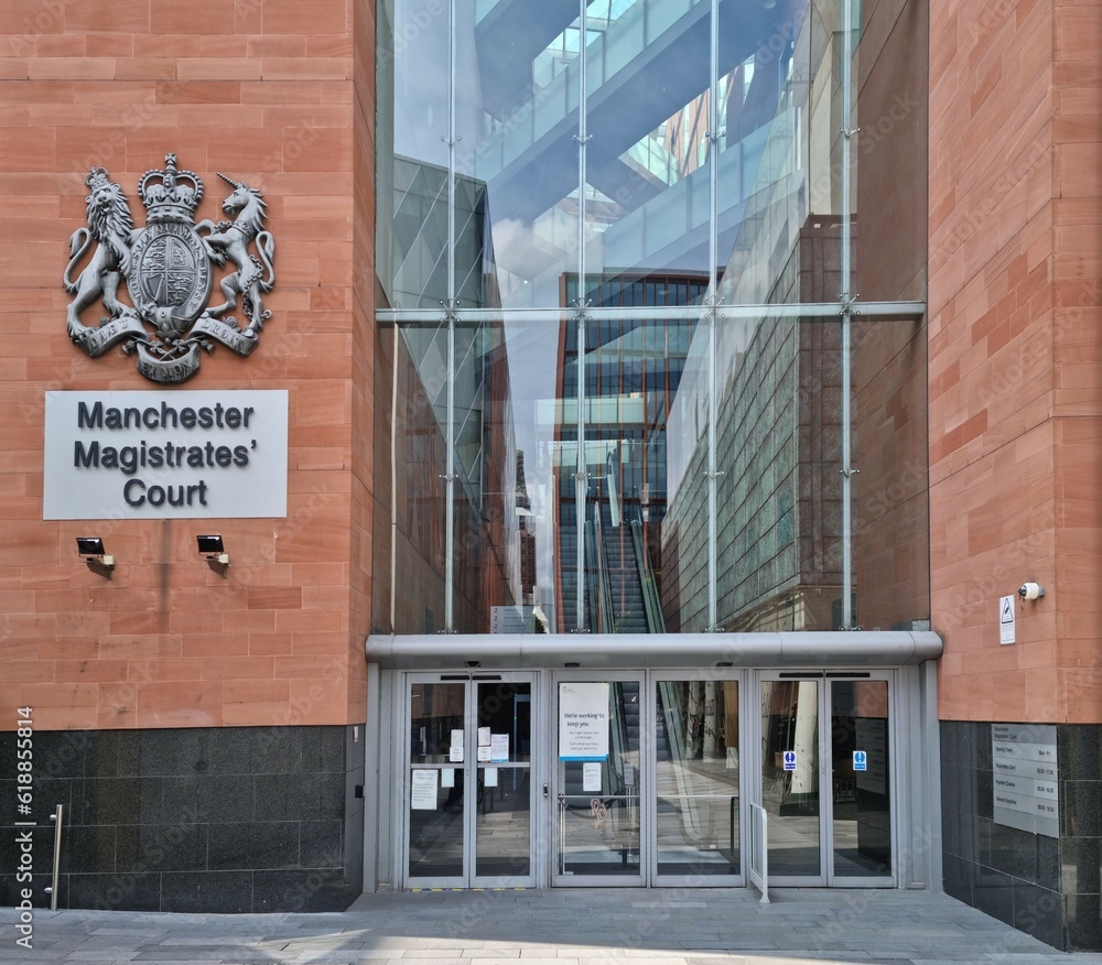 Manchester UK 05 28 2023 The main entrance to Manchester Magistrates ...