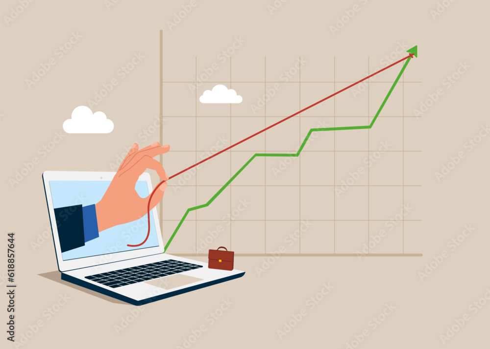 Businessman through the laptop pulling performance graph rising up with ...