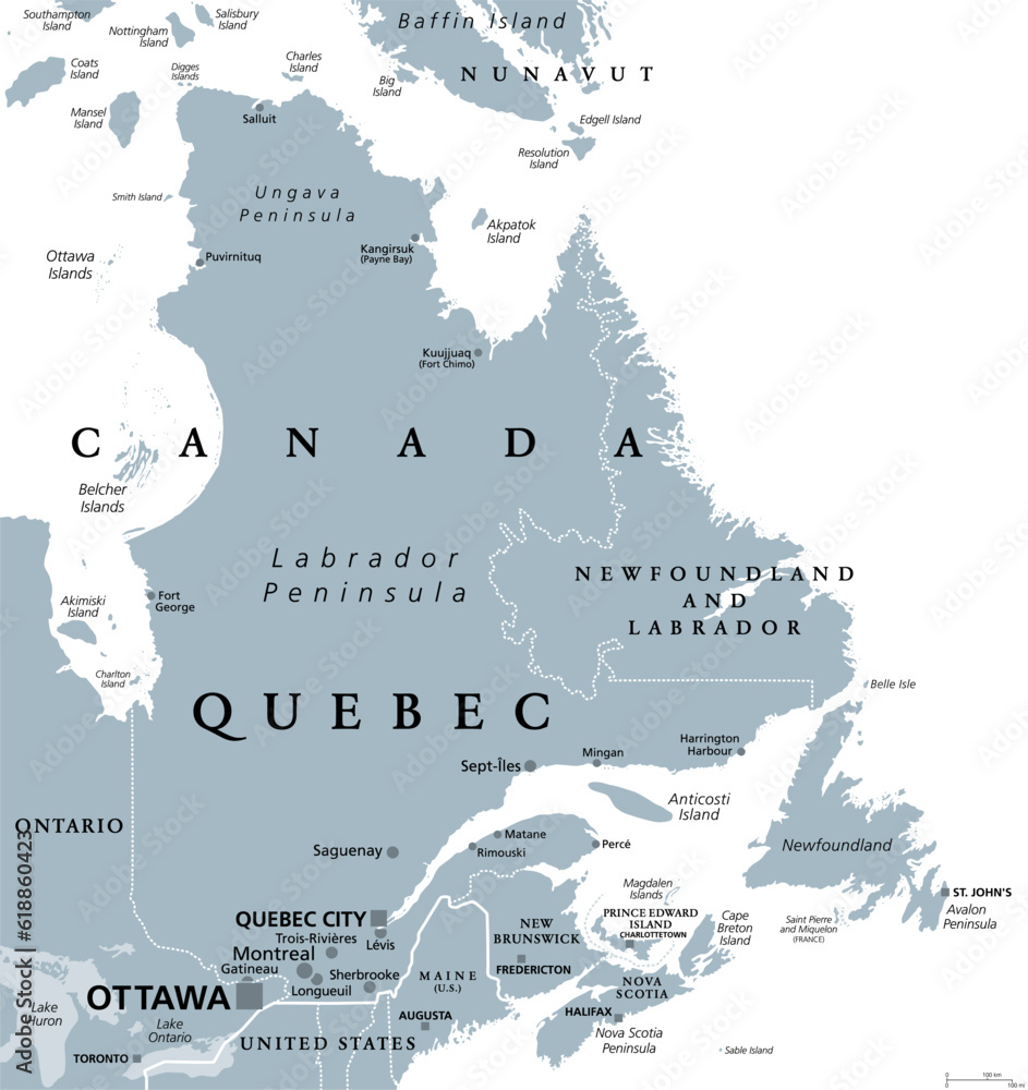 Quebec, largest province in the eastern part of Canada, gray political ...