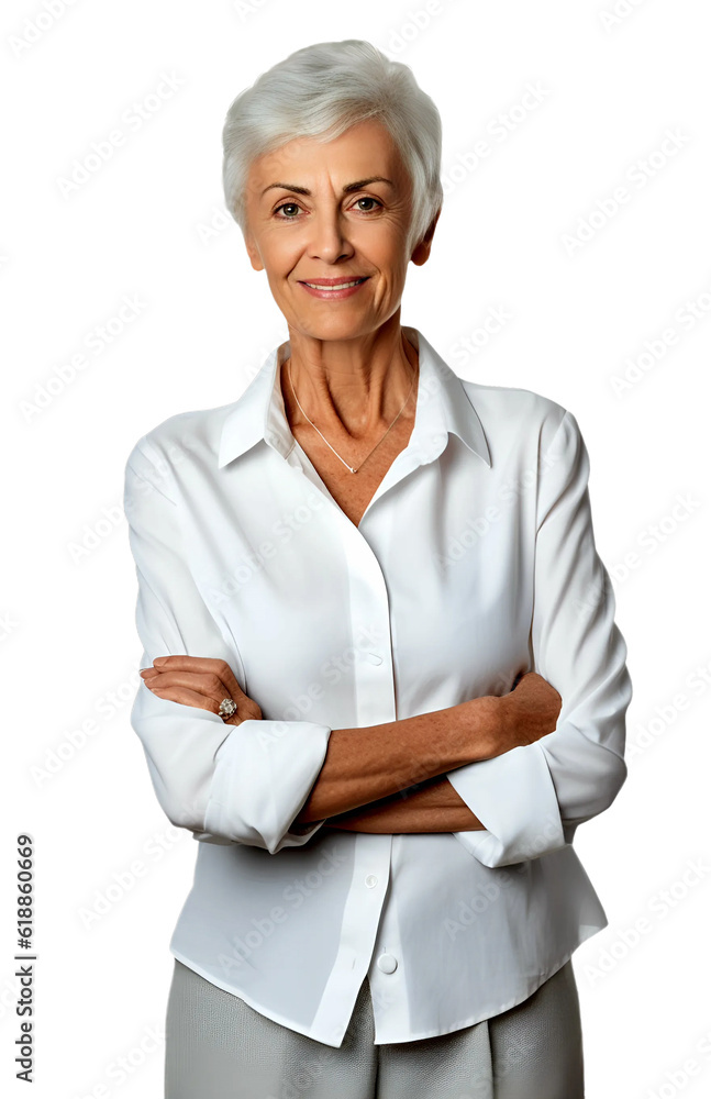 Beautiful Healthy Smiling Senior Woman Cross Arms On Chest Looking