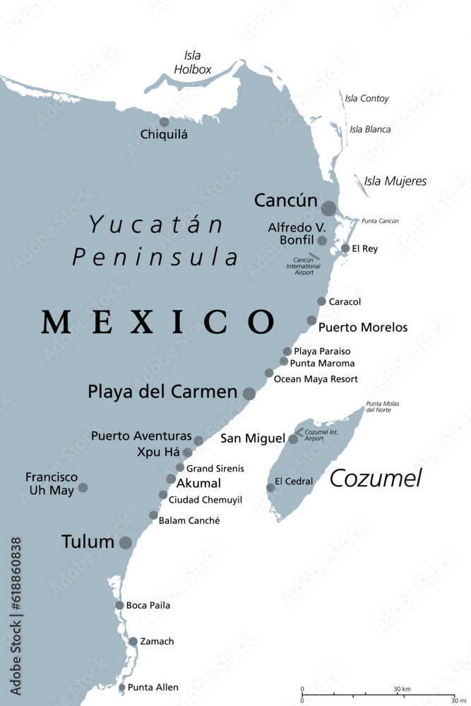 Poster Cancun, Cozumel and Riviera Maya in Mexico, gray political map – Wall Art | UkPosters