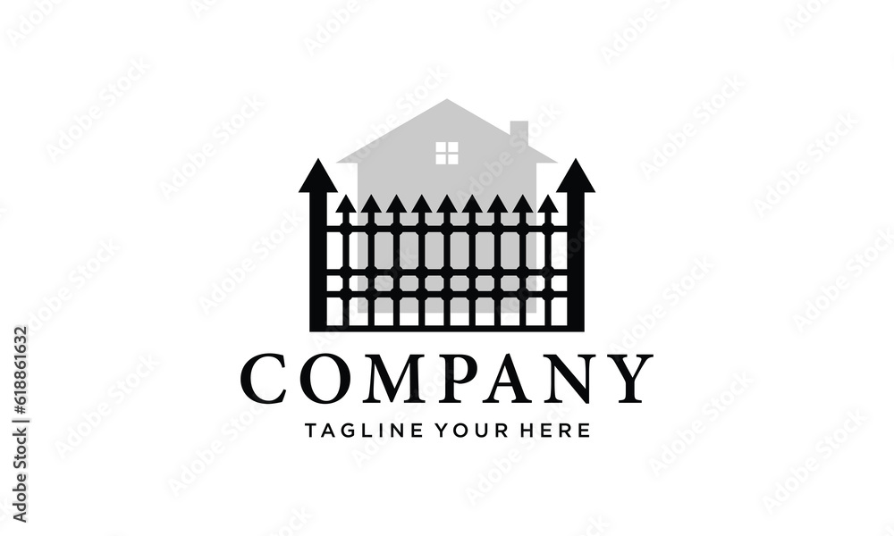 solid black style house gate logo on a black and white background ...