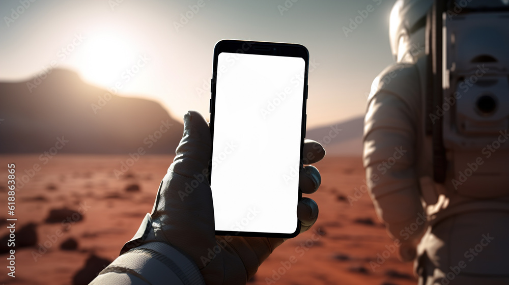 Astronaut holding mobile phone mockup Stock Illustration | Adobe Stock