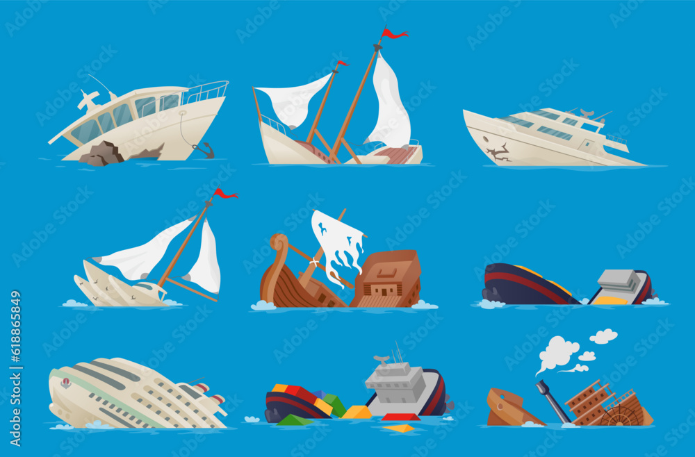 Broken sailor boats crash accident in sea damaged ships and brigantines ...