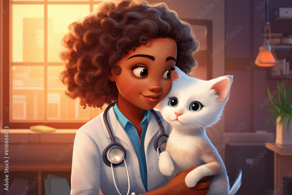 Disney-style illustration of a veterinarian black girl with a cute cat ...