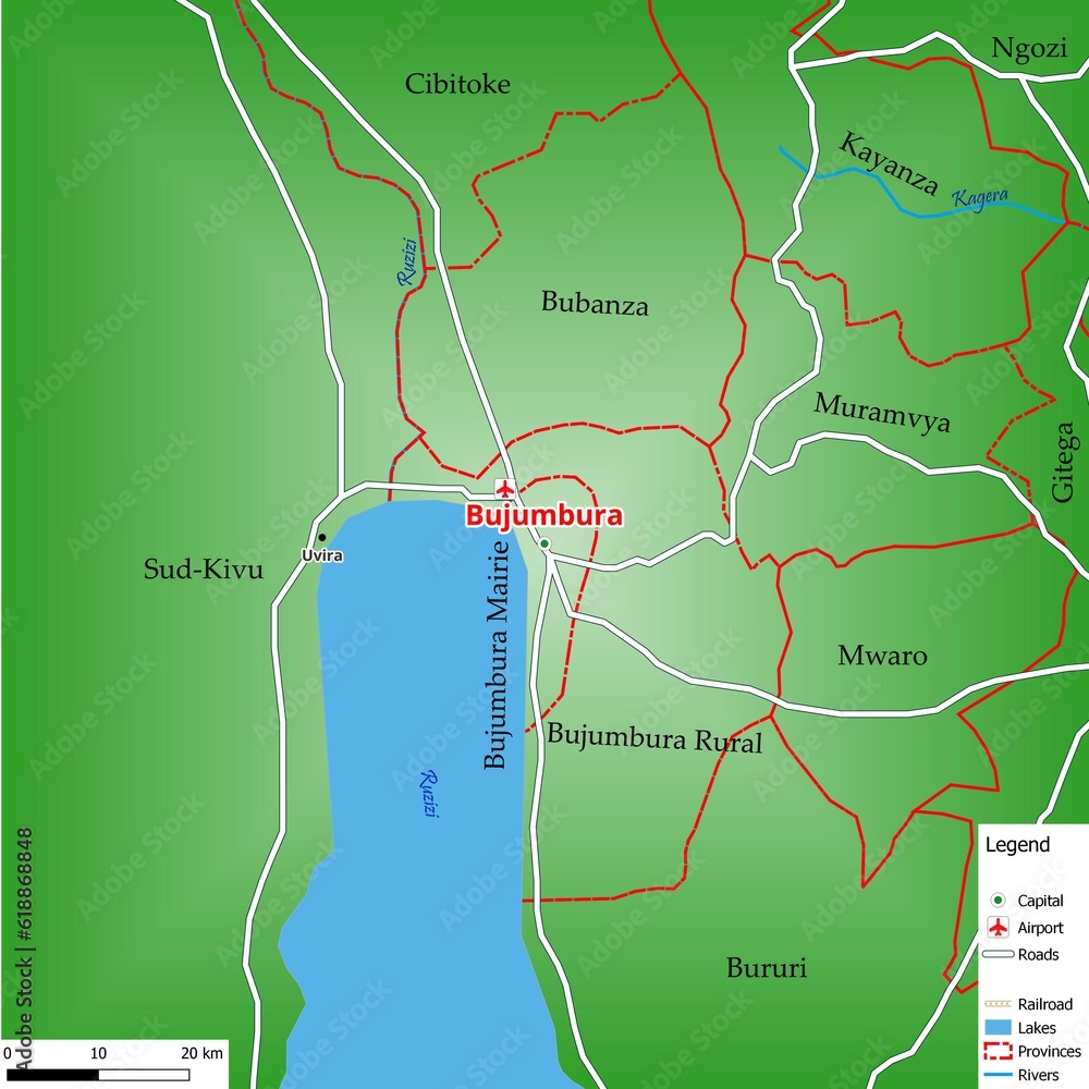 Map of the capital city Bujumbura with main streets, rivers, lakes ...