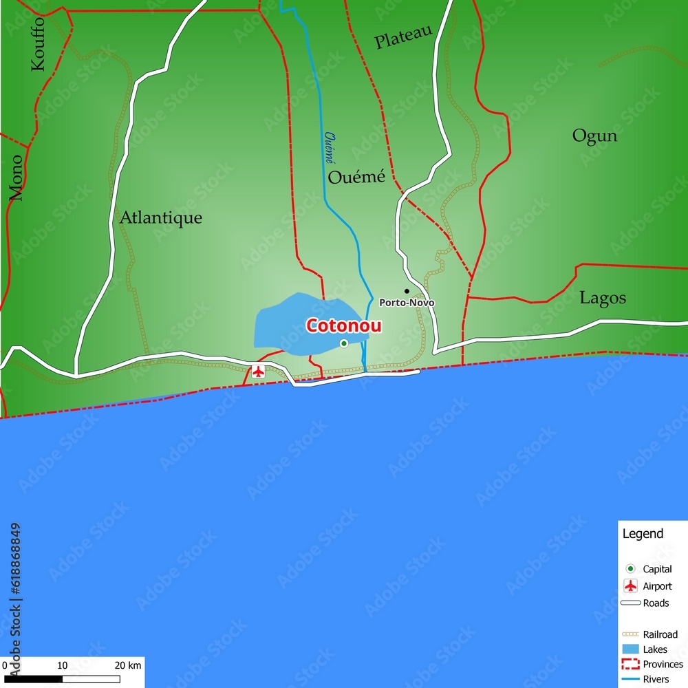 Map of the capital city Cotonou with main streets, rivers, lakes, urban ...