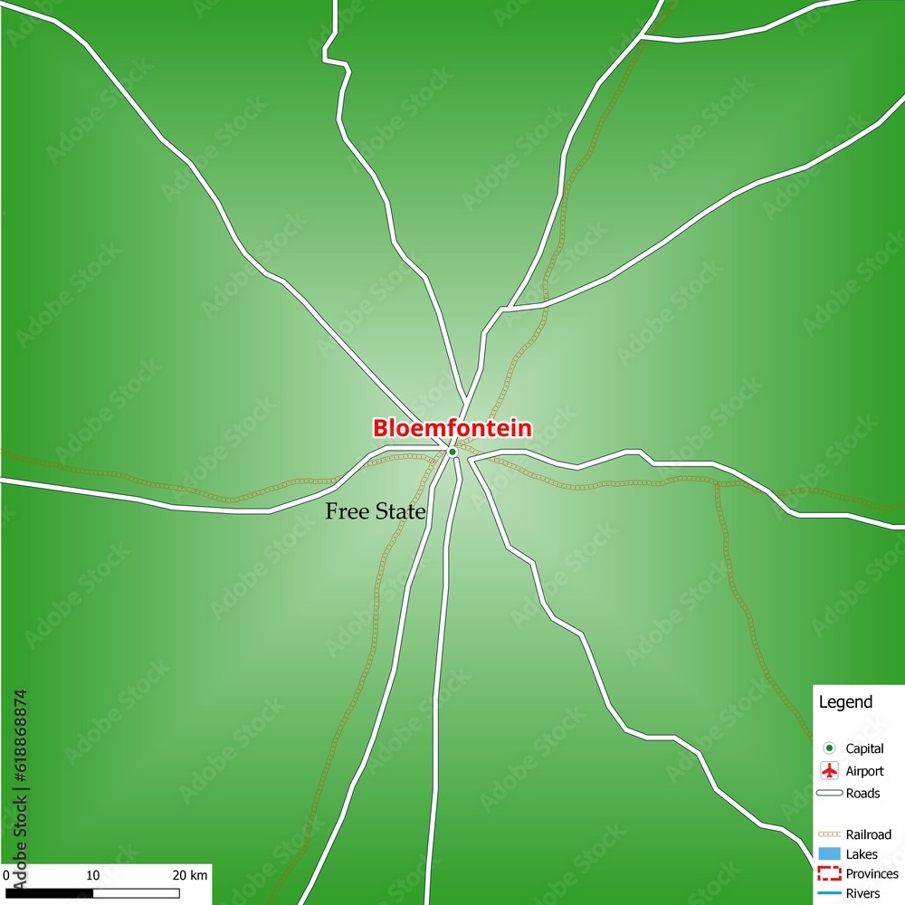 Map of the capital city Bloemfontein with main streets, rivers, lakes ...