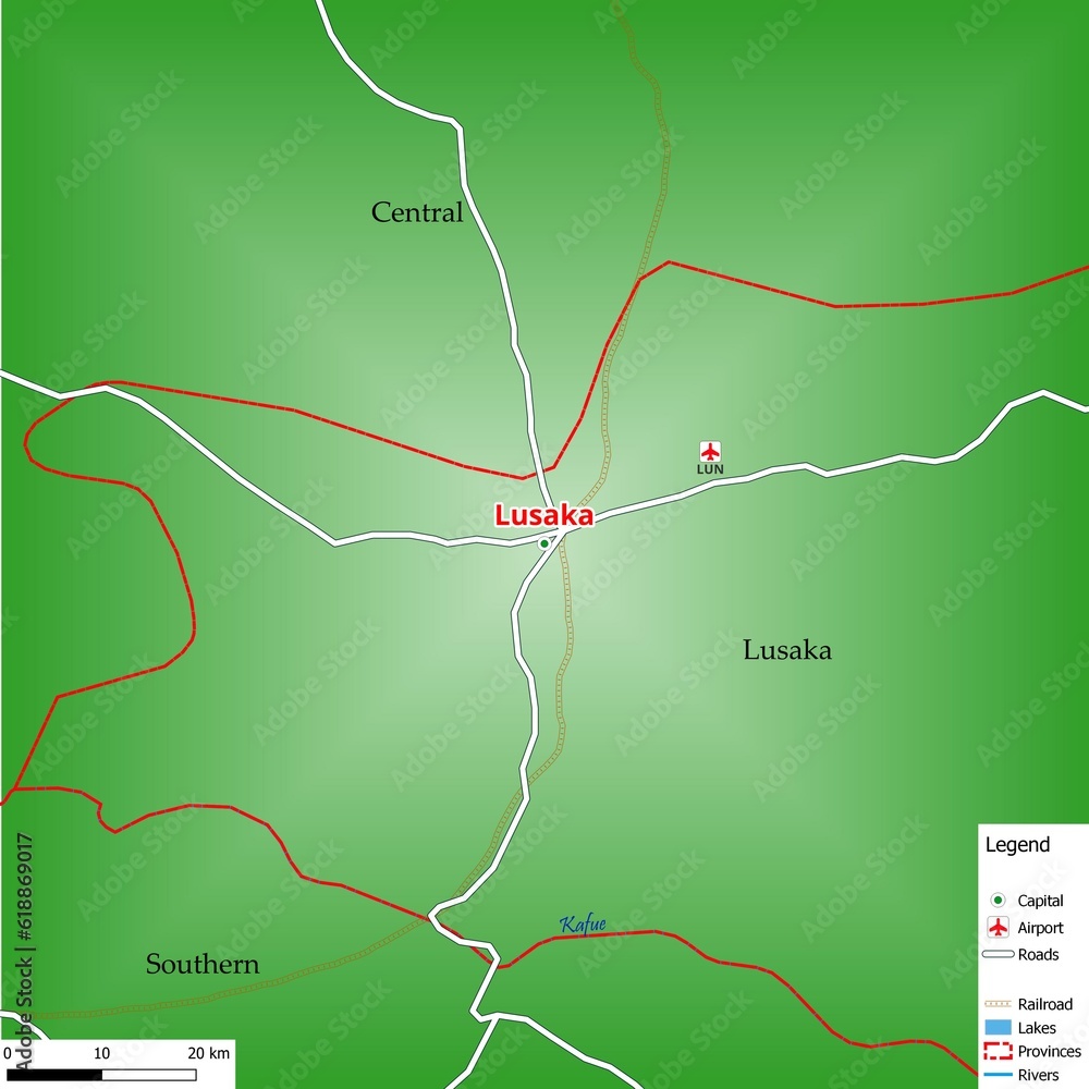 Map of the capital city Lusaka with main streets, rivers, lakes, urban ...