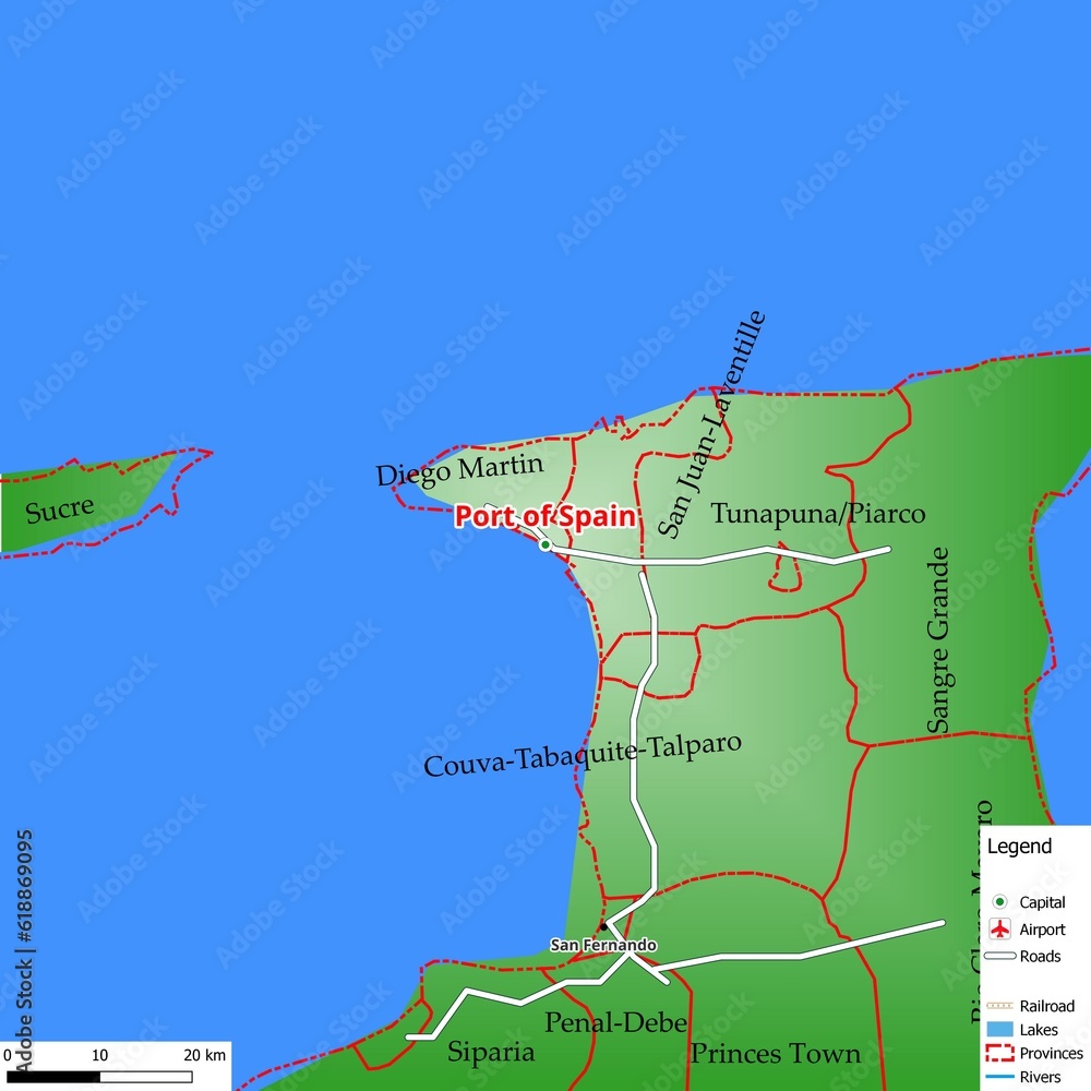 Map of the capital city Port of Spain with main streets, rivers, lakes ...