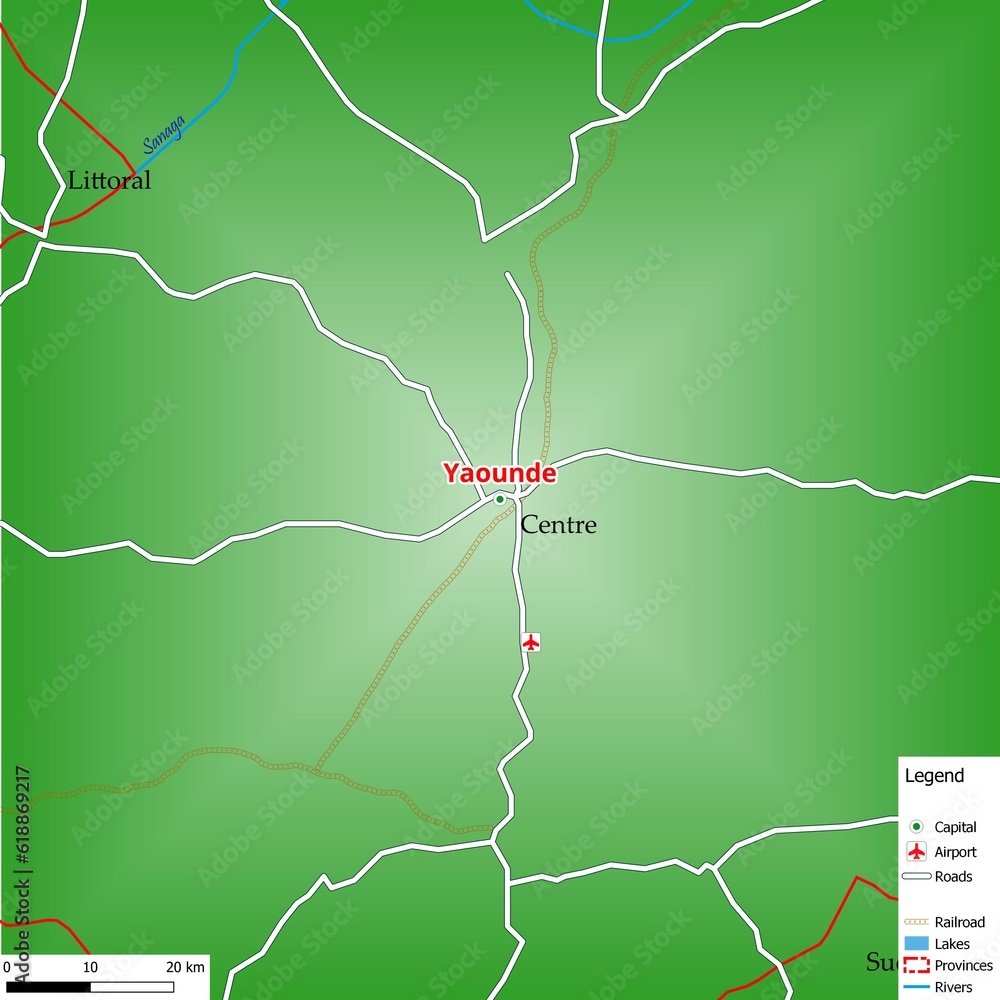 Map of the capital city Yaounde with main streets, rivers, lakes, urban ...