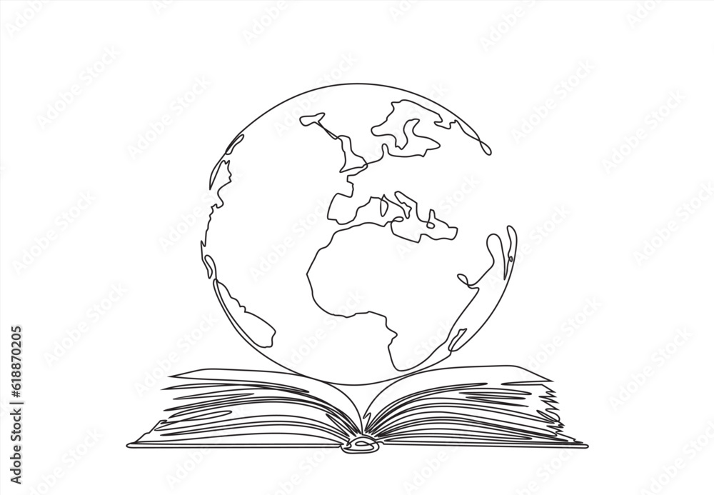 Continuous one line drawing of open Book and globe Earth planet concept ...