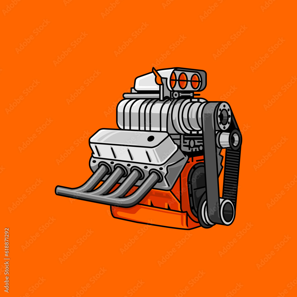 muscle supercharged car engine vector on orange background Stock Vector ...