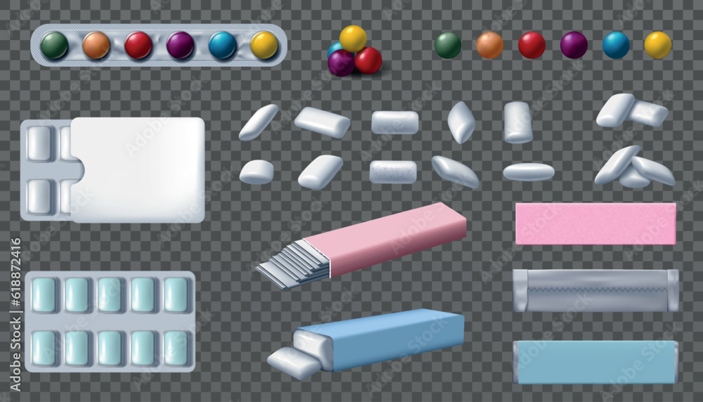 Chewing gum pack. Bubble balls. Blister and wrapper. Realistic candy in ...